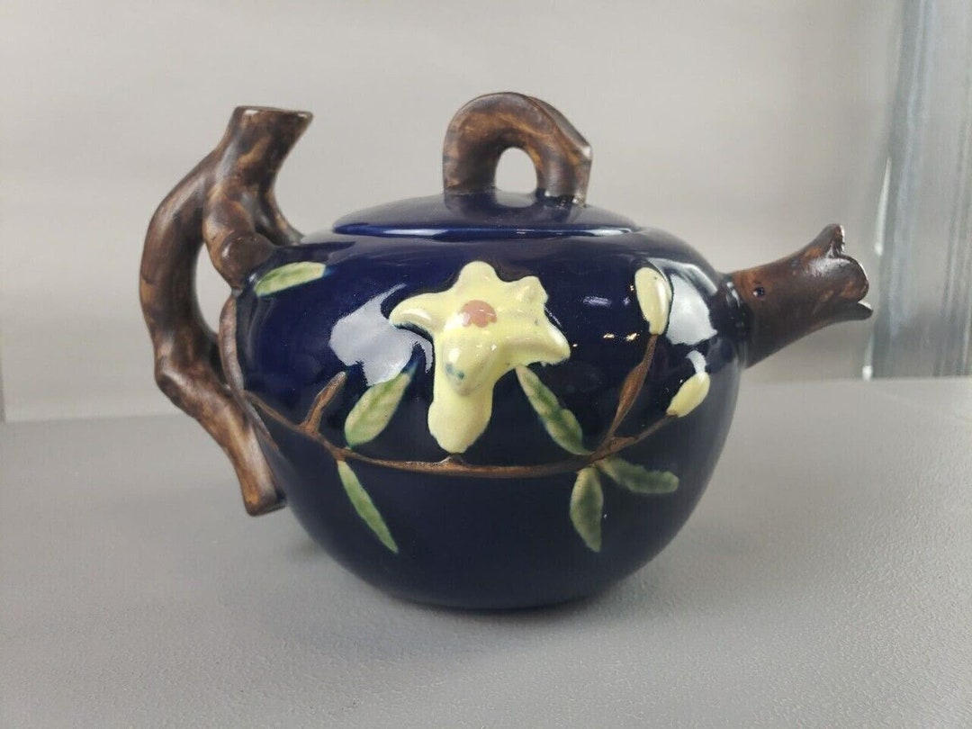 Vintage Majolica Pottery Teapot Deep Blue With Floral and Vine Design ...
