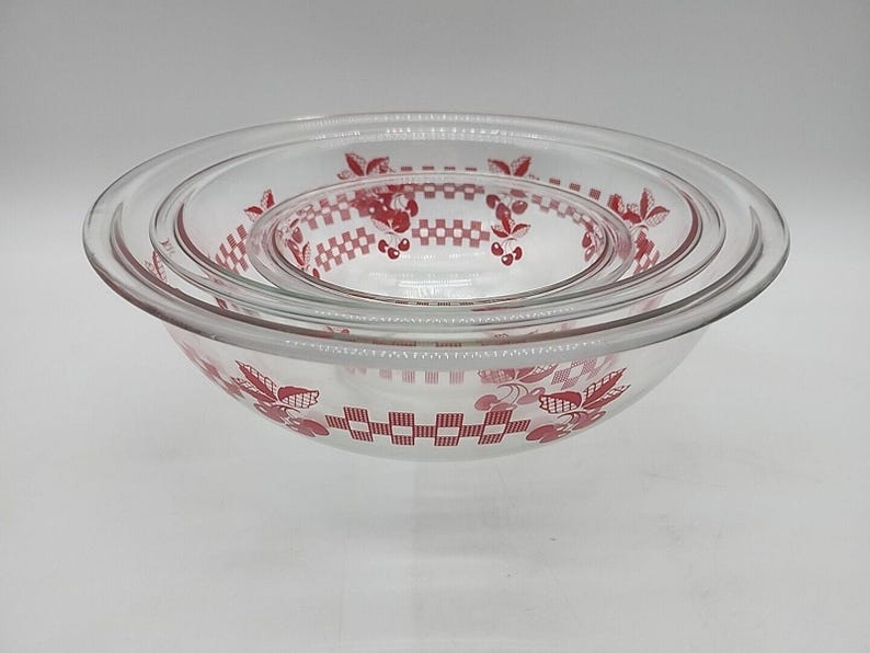 Vintage PYREX Glass Mixing Nesting Bowls Red Cherry Checkerboard ...