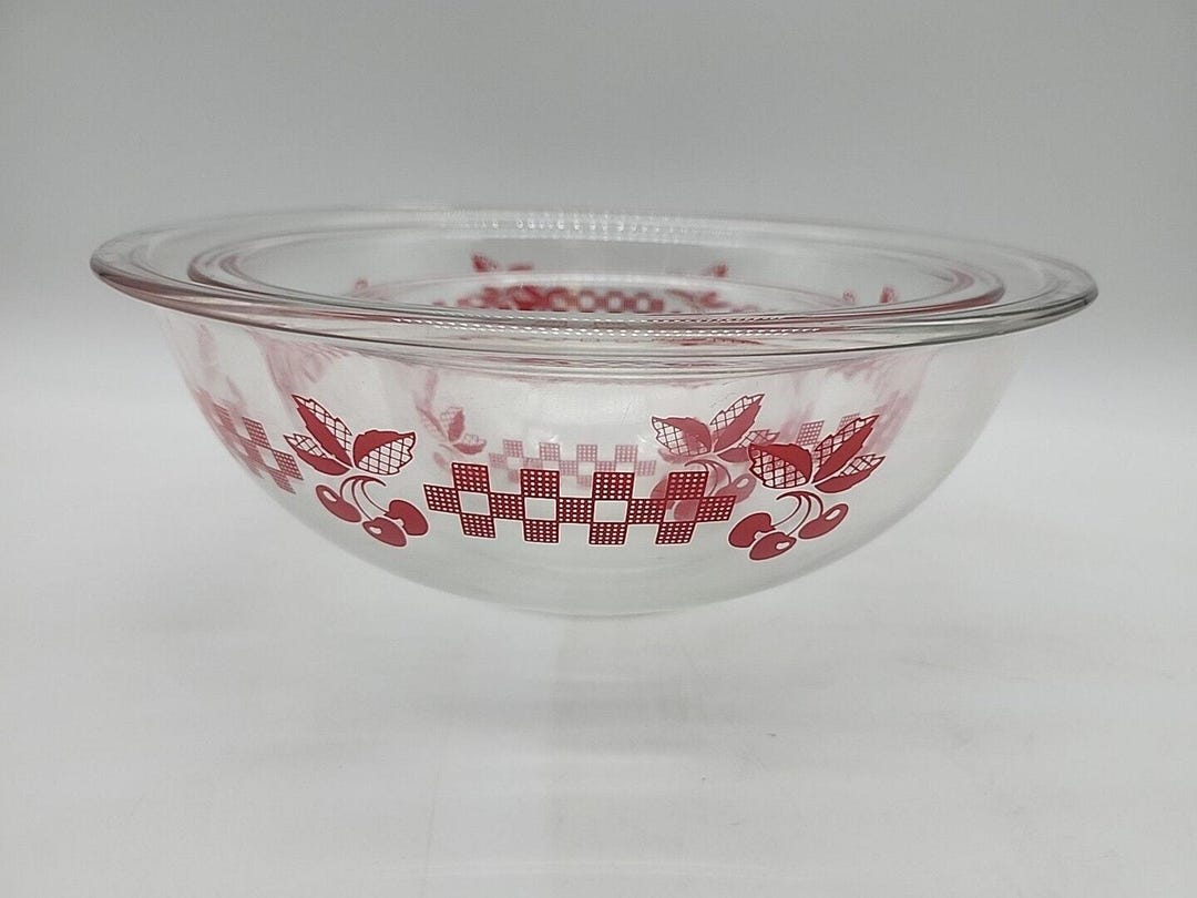 Vintage PYREX Glass Mixing Nesting Bowls Red Cherry Checkerboard ...
