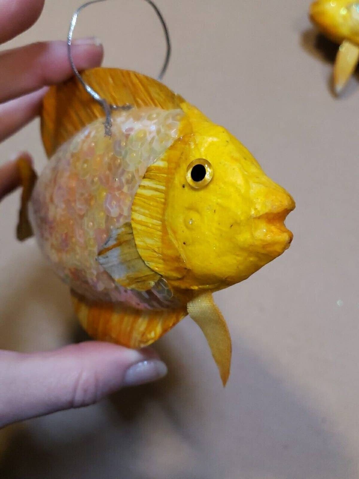 Rare Vtg Yellow Paper Mache Sequin Fish Ornaments Set of 2 - Etsy