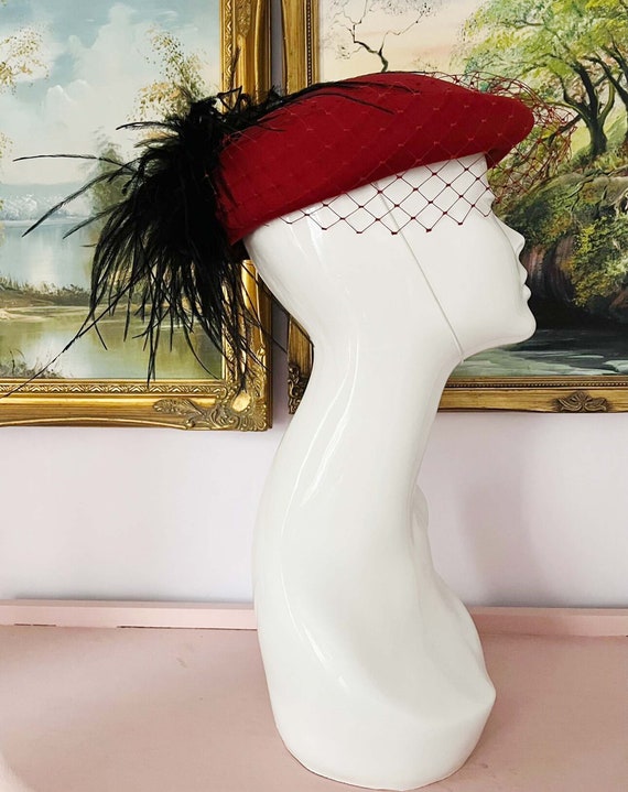 Vintage formal hat, burgundy red hat, races hat, wedd… - Gem