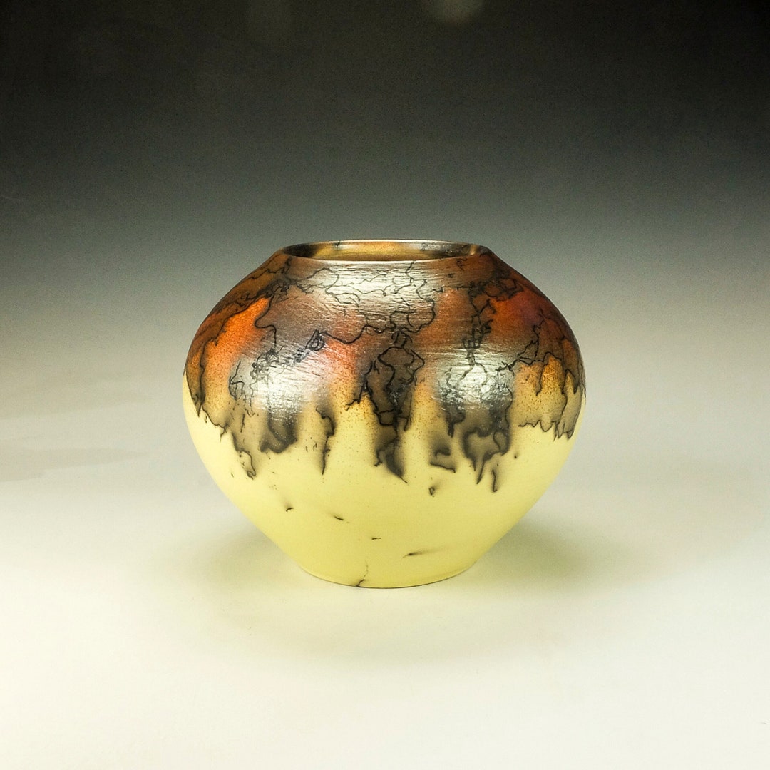 Raku Pottery. Horsehair Design. Yellow and Orange. Handmade. - Etsy