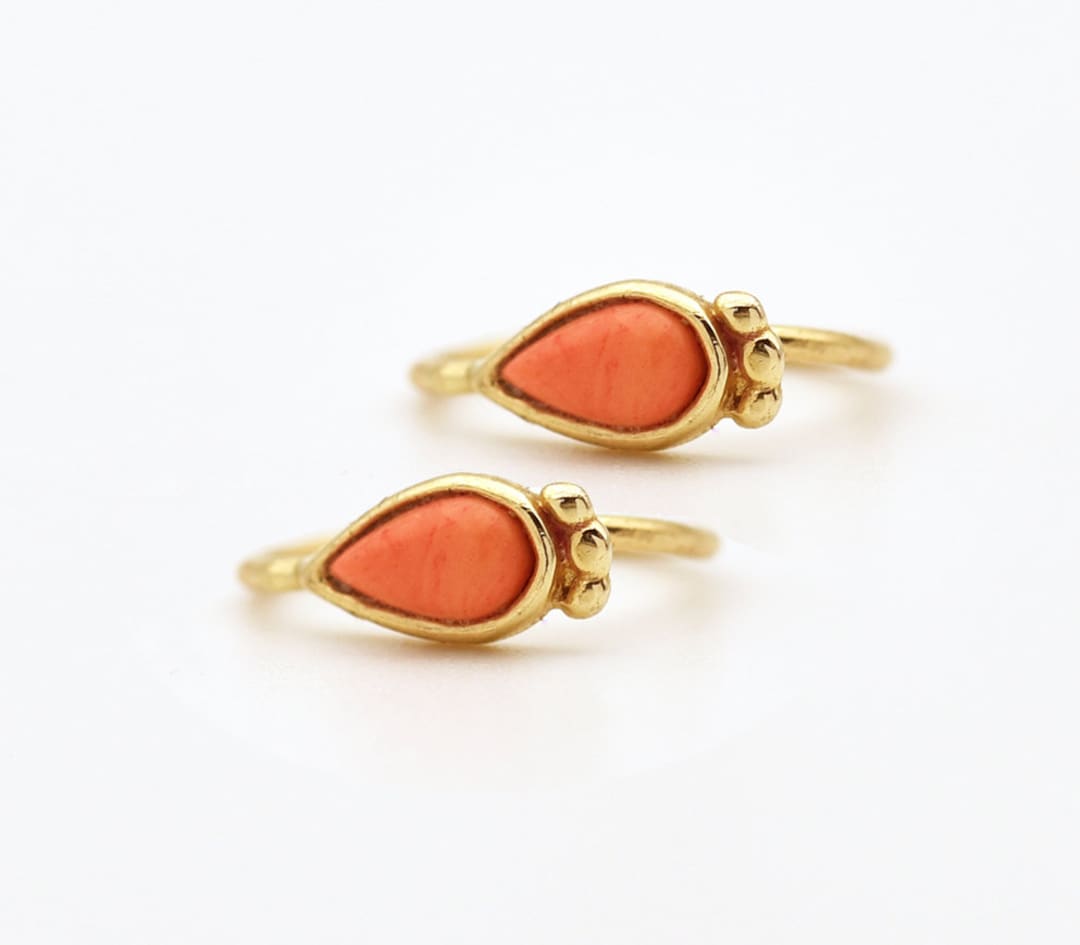 Tiny 14K Gold Coral Hoop Earrings, Modern Gemstone Jewelry - Etsy