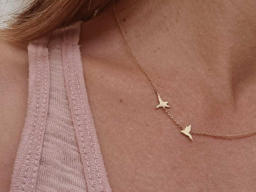 14k Gold Flying Birds Necklace, Asymmetric Solid Gold Chain - Etsy