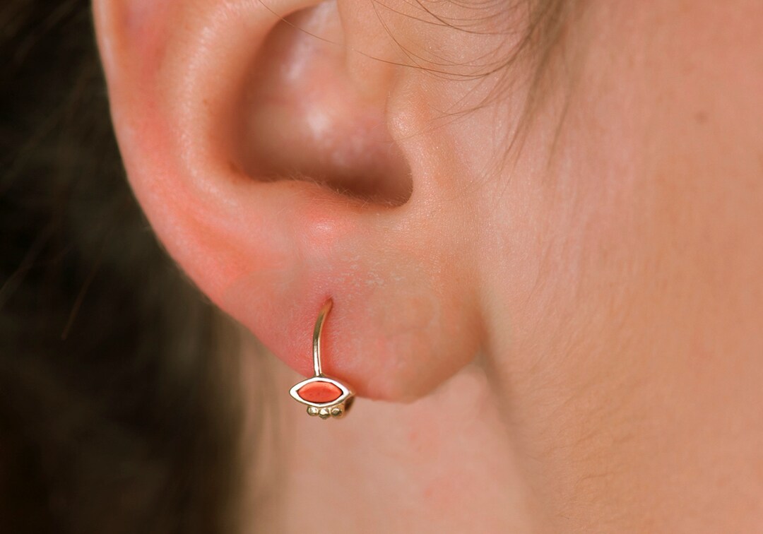 Tiny Coral Hoop Earrings, 14K GOLD Evil Eye Hoops, Protective Jewelry ...