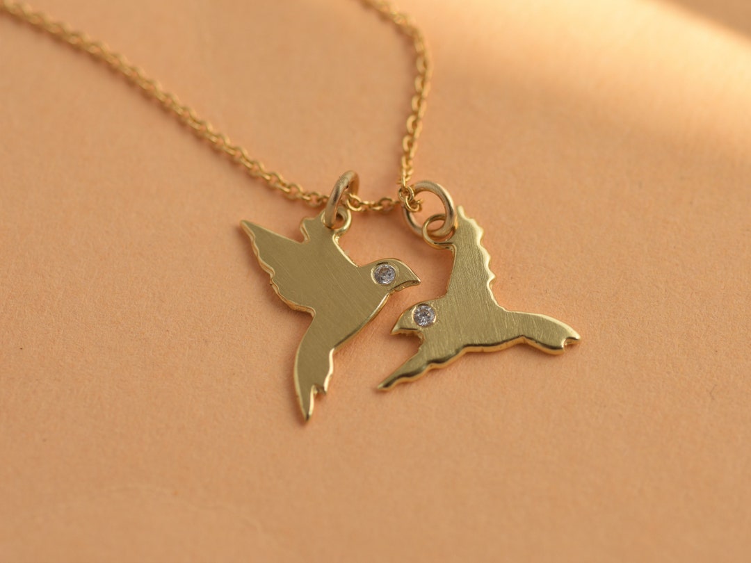 14K Gold Flying Birds Necklace, 14k Solid Gold Dove Necklace, Graceful ...