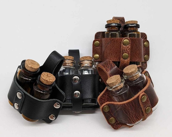 Set of Shiny Brown Leather Potion Holders #3 (3 Pieces), Bottles for Larp, Steampunk Belt ...