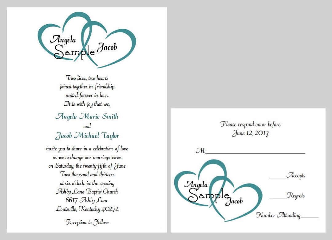 100 Personalized Custom Names Heart Bridal Wedding Ceremony Invitations ...