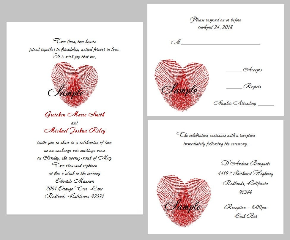 100 Personalized Custom Red Heart Fingerprints Wedding Invitations Set ...