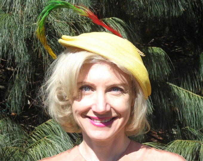 1940s Yellow Straw Tam With Whip Feather - Etsy
