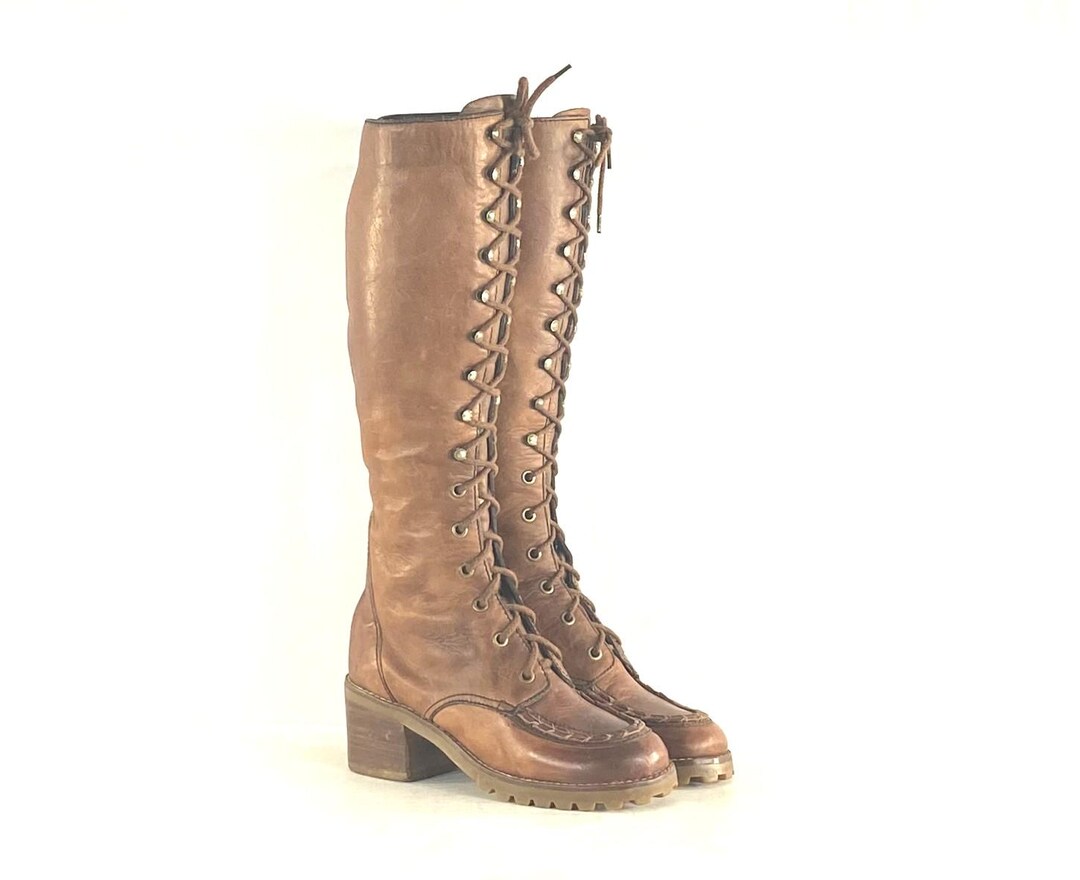 1970s Vintage Leather Lace-up Boots: Braided Toe, Wood Heel, Size 5.5 ...