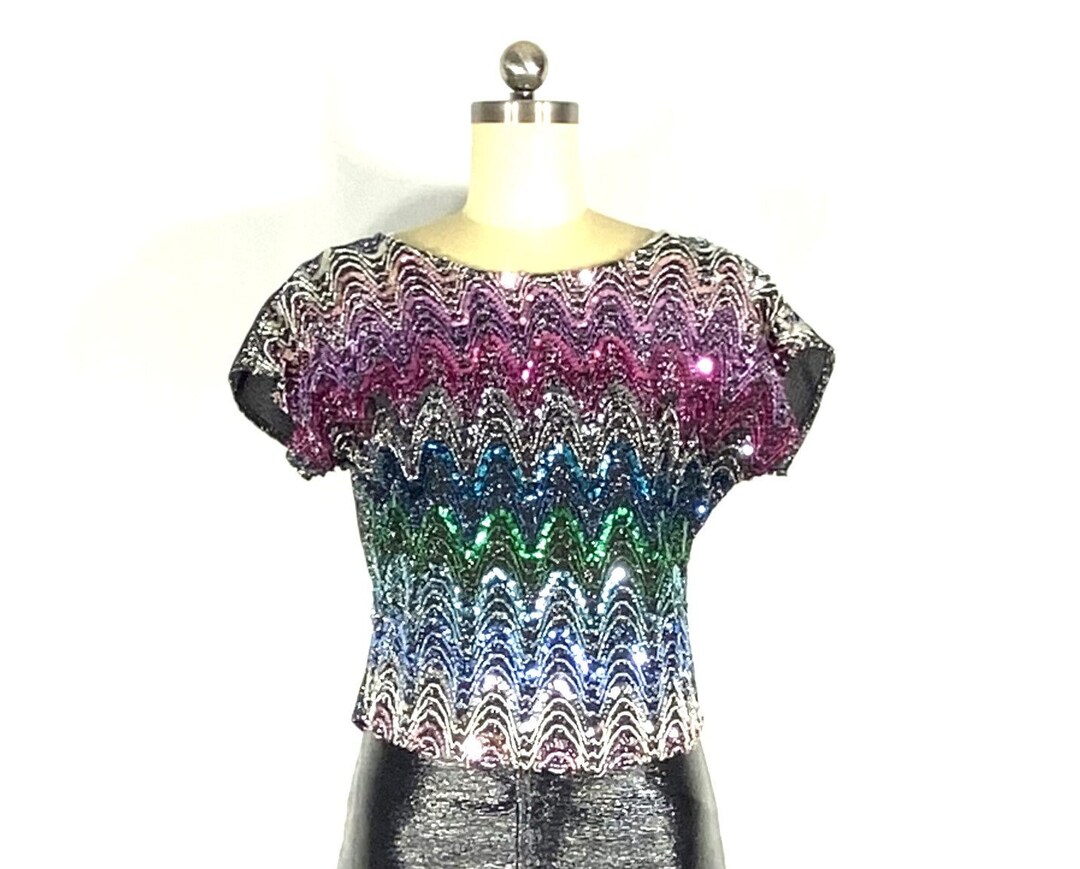 1980s Rainbow Sequined Top - Small - 1980s Sequined Top - 1980s Sequined Crop Top - Disco Top ...