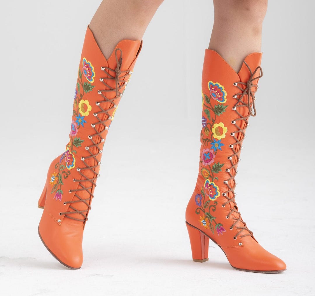 1960s Embroidered Leather Lace up Boots - All Sizes - Orange Leather ...