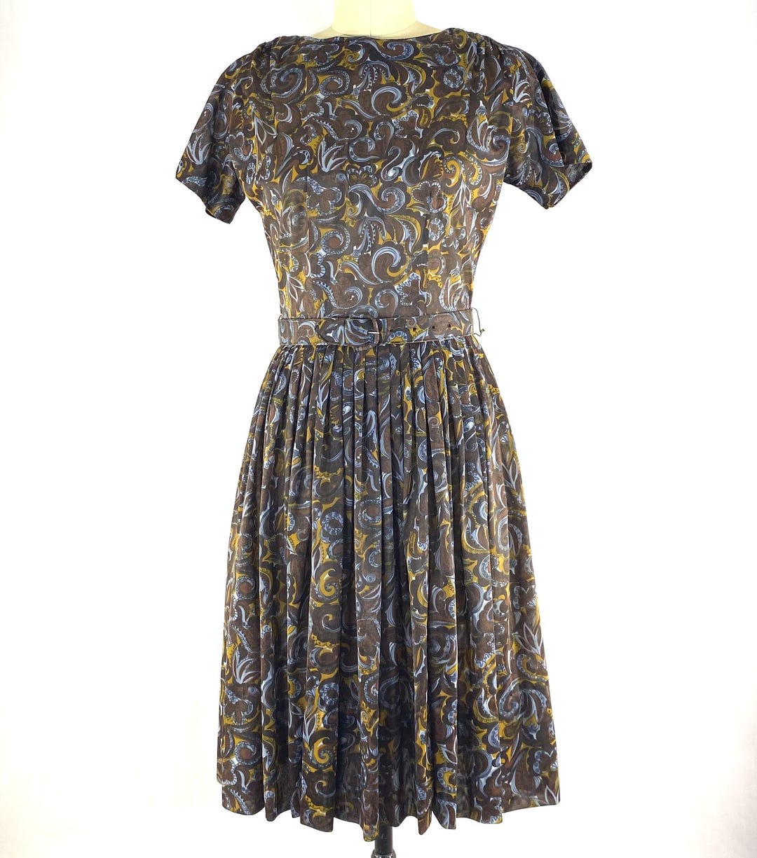 1960s Brown Patterned Dress - Small - 1960s Brown Blue Gold Black Swirl ...