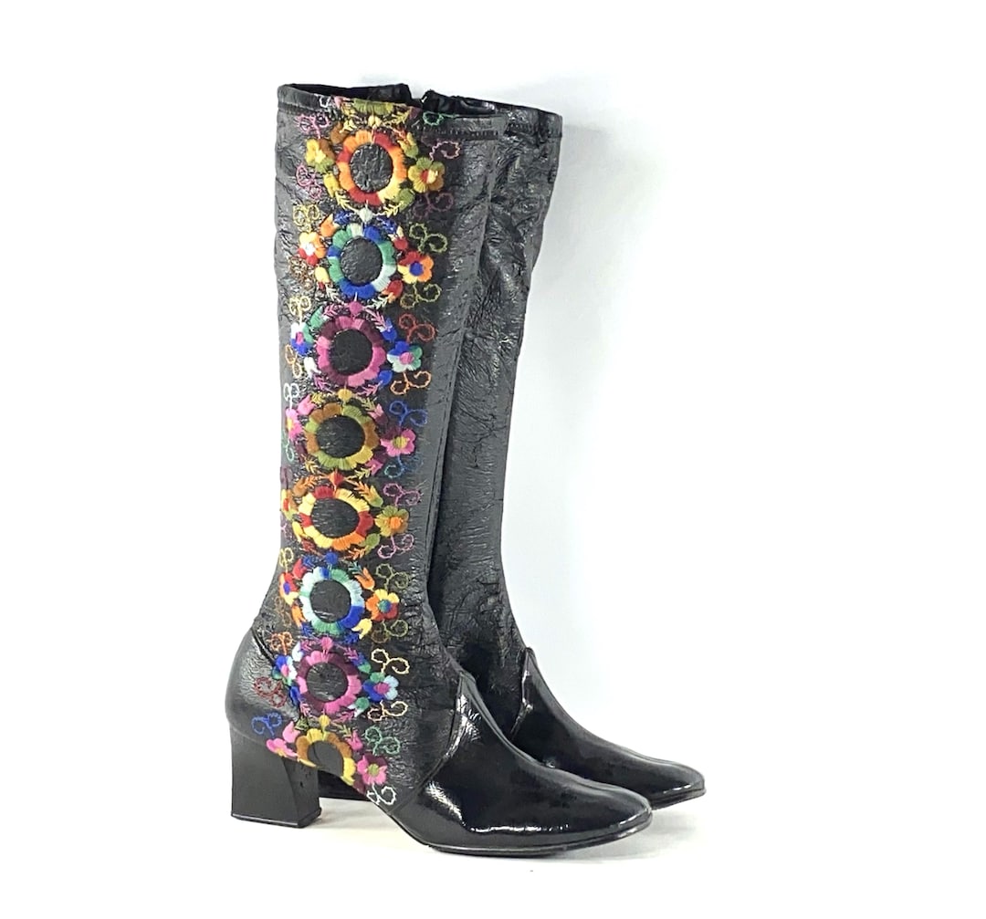 1960s Black Vinyl Embroidered Boots Size 9 1960s Black Vinyl Boots ...
