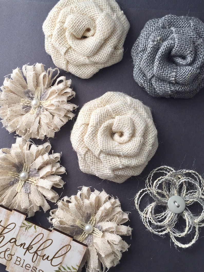 Gray Burlap Flower Set of 7 Grey Burlap Rustic Wedding | Etsy