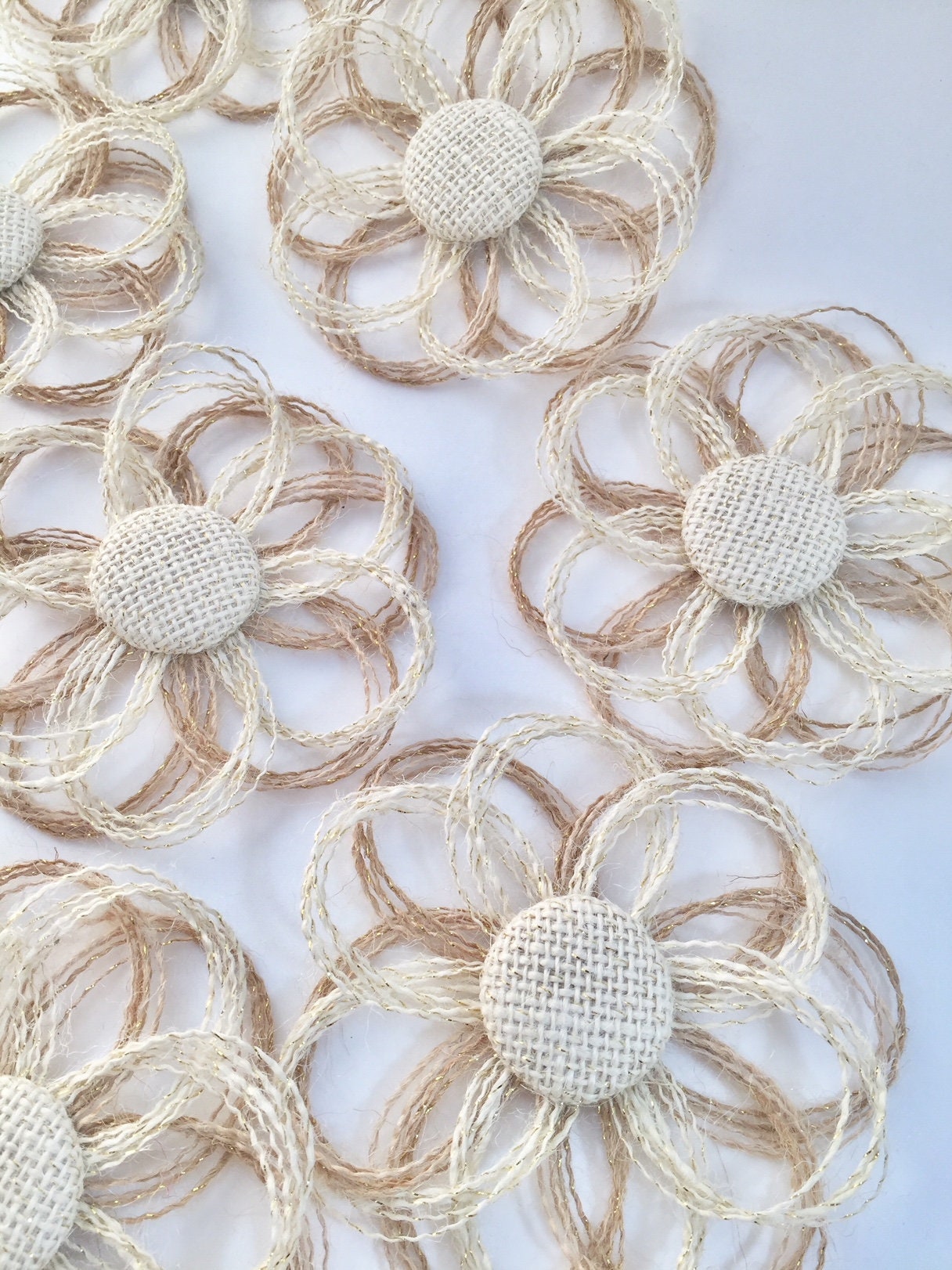 Cream Sparkle and Natural Burlap Flower Set of 6 Rustic | Etsy