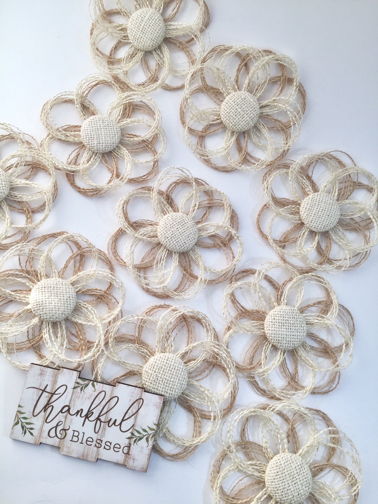 Cream Sparkle and Natural Burlap Flower Set of 6 Rustic | Etsy