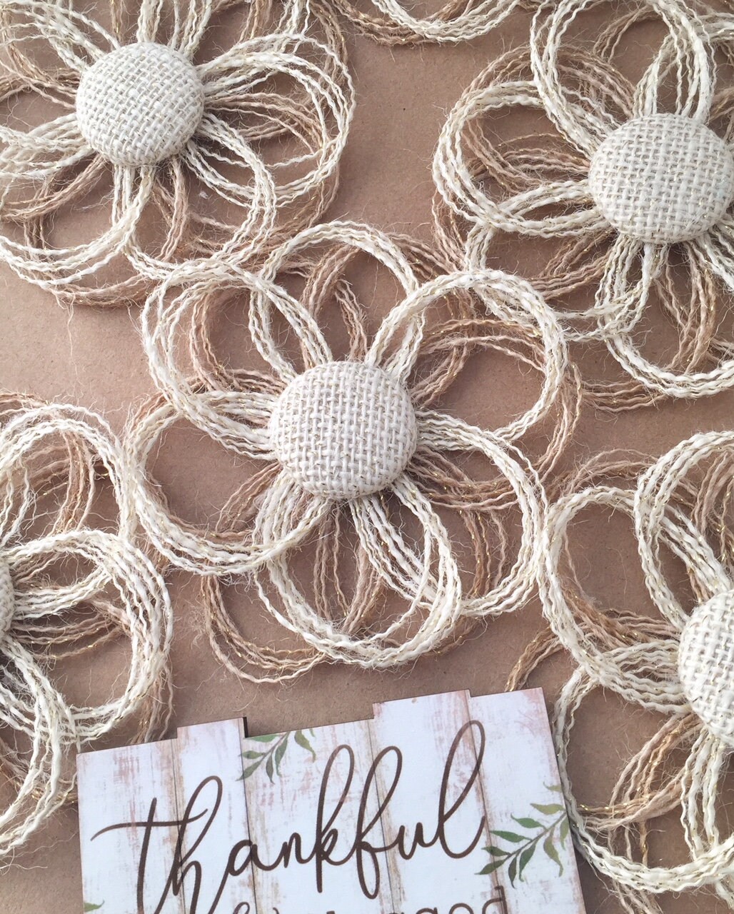 Cream Sparkle and Natural Burlap Flower Set of 6 Rustic | Etsy