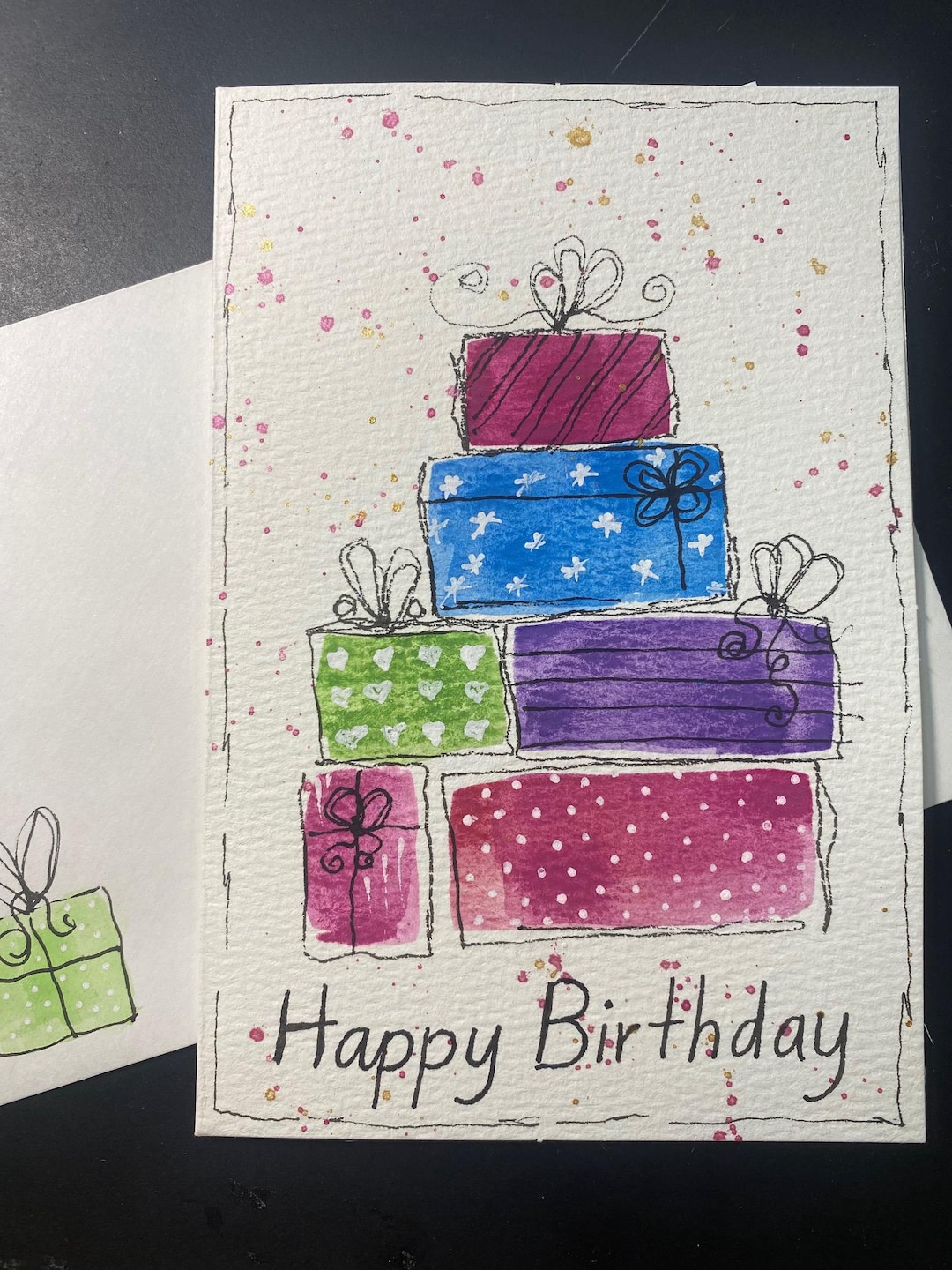 Handmade Watercolor Birthday Card, Colorful Gift Box Card, Happy ...