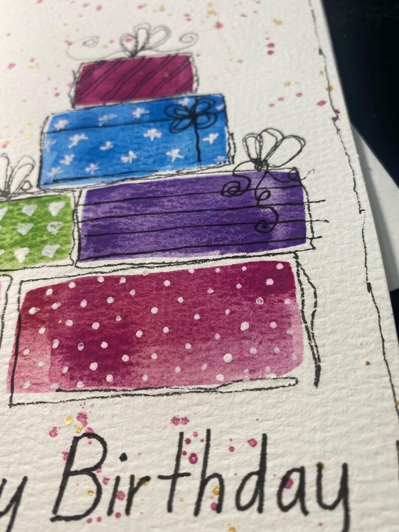 Handmade Watercolor Birthday Card, Colorful Gift Box Card, Happy ...