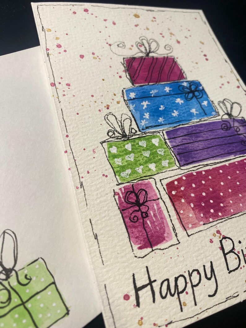 Handmade Watercolor Birthday Card, Colorful Gift Box Card, Happy ...