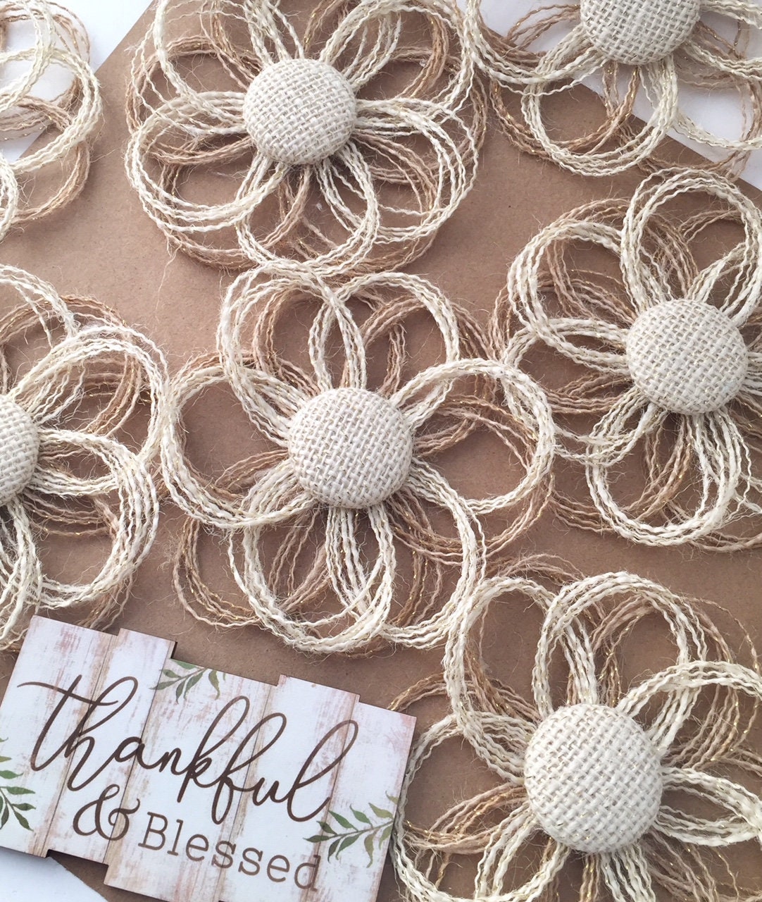 Cream Sparkle and Natural Burlap Flower Set of 6 Rustic | Etsy