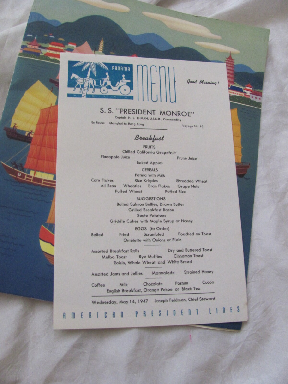 Cruise Line Menu Circa 1947 SS President Monroe Ship Travel China India ...