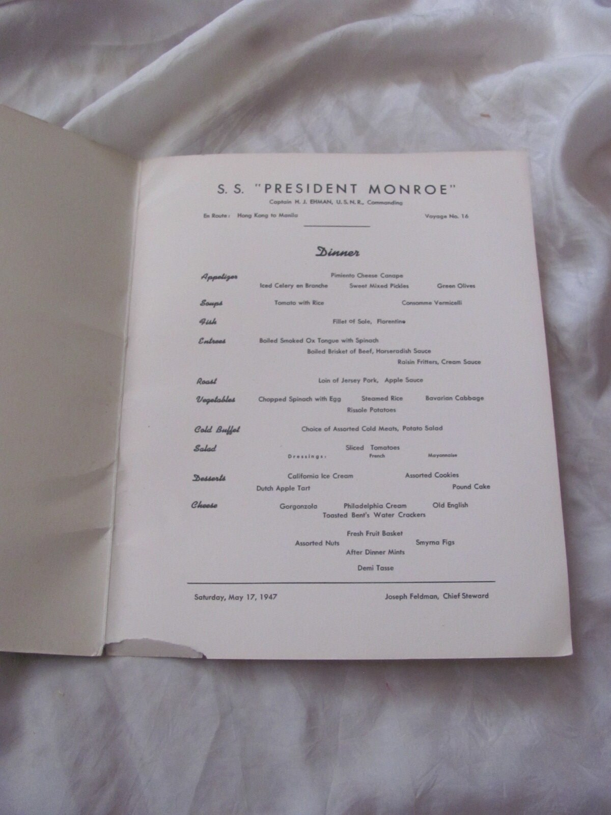 Cruise Line Menu Circa 1947 SS President Monroe Ship Travel China India ...