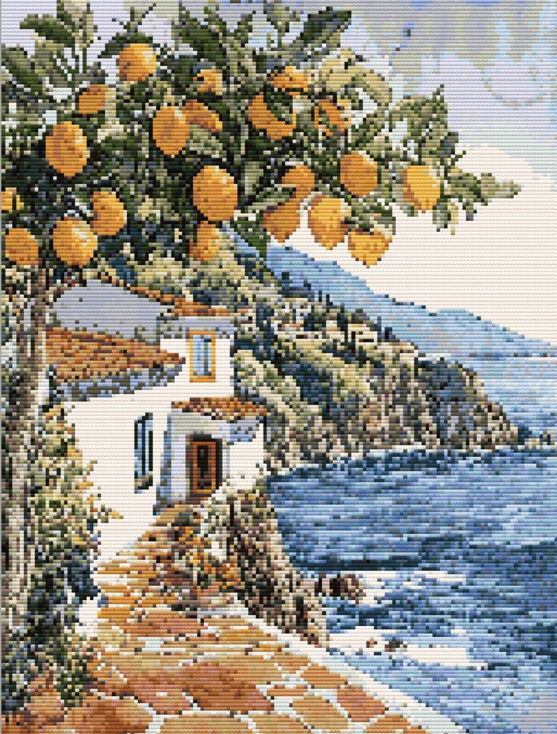 Italian Coastal Cross Stitch Pattern: Lemon & Orange Tree Sea View (PDF ...