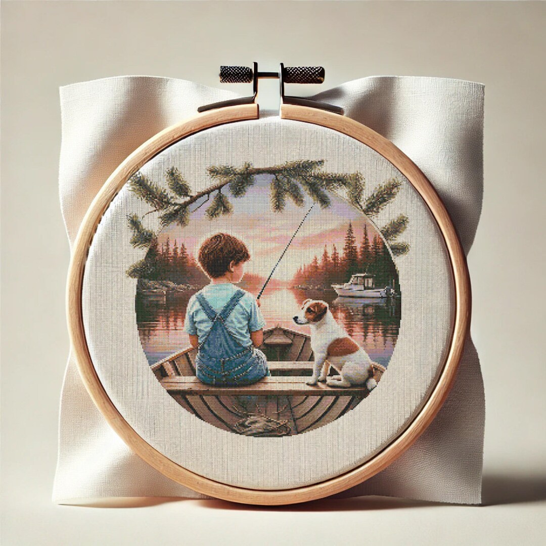 Sunset Fishing Cross Stitch Pattern: Boy and Dog (PDF) - Etsy
