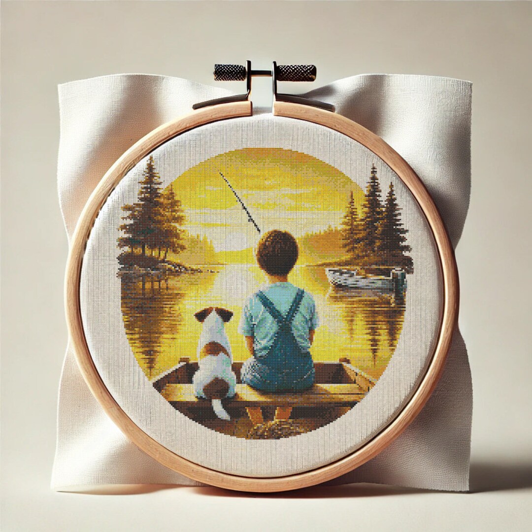 Dog & Boy Fishing Cross Stitch Pattern: Easy Modern Design (PDF) - Etsy