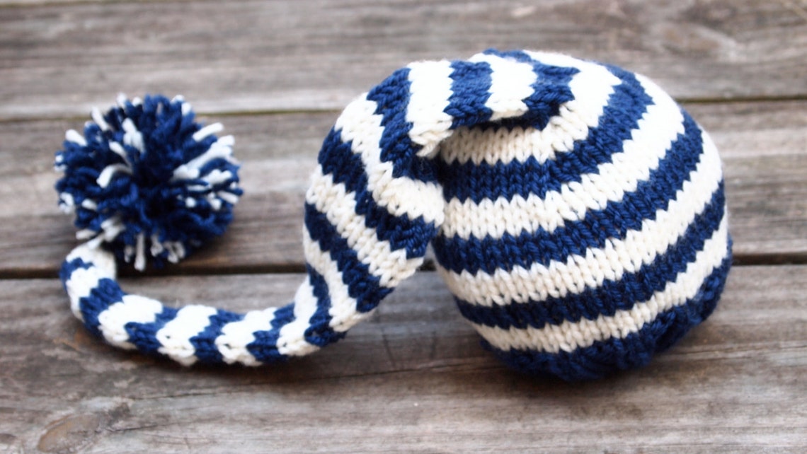 Newborn Baby Boy or Girl Knitted Striped Navy Blue Elf Hat - Etsy