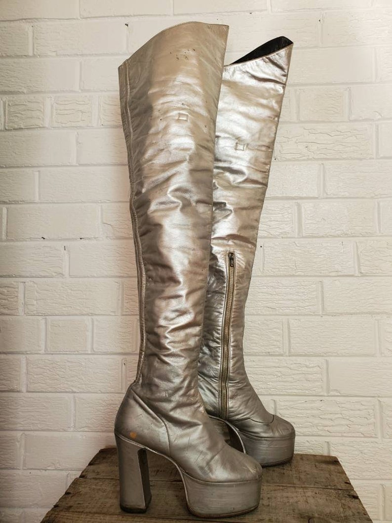 Vintage 1970s Platform Boots • Over the Knee Silver Boots • Rockabye ...