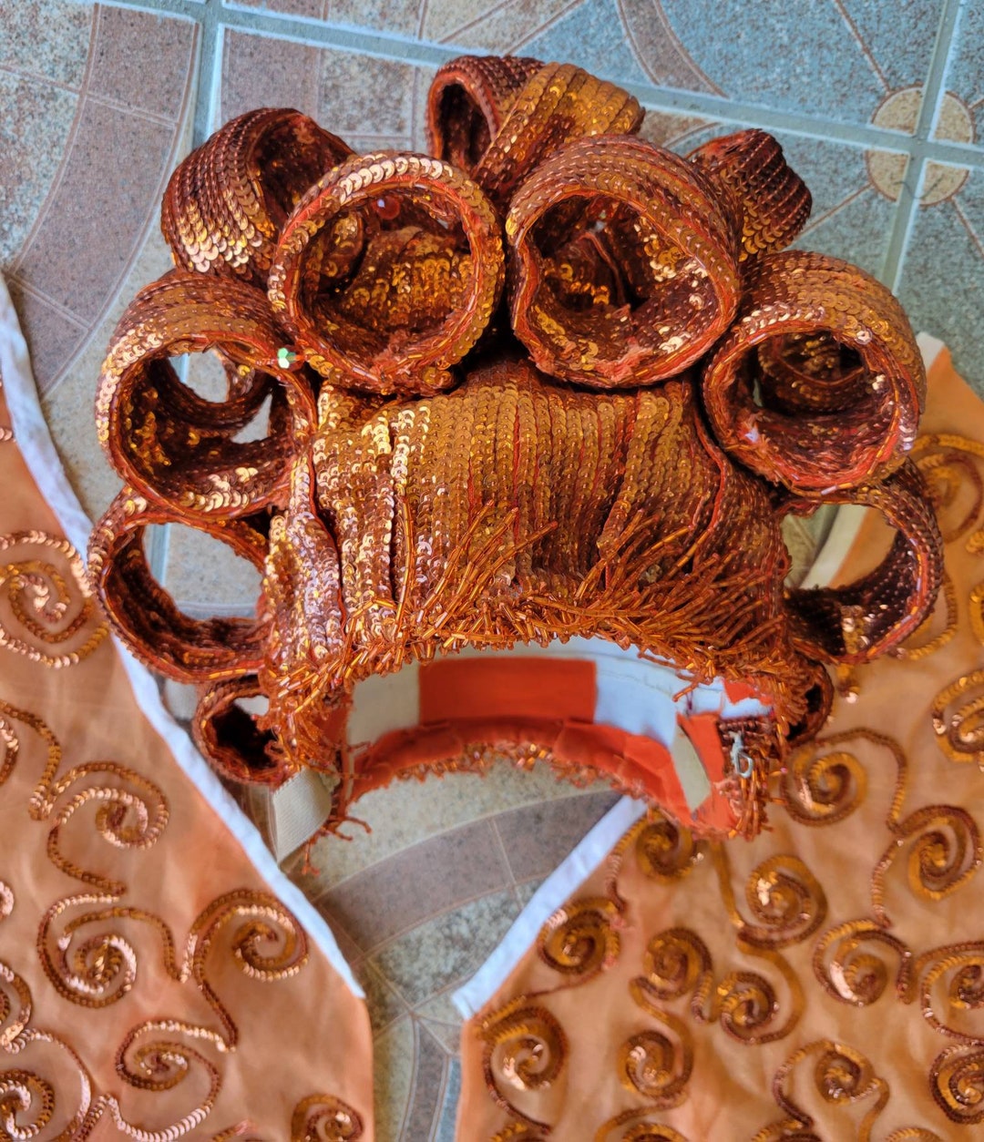 Vintage Showgirl Headpiece Orange Sequin Circus Showgirl Curls Beaded ...