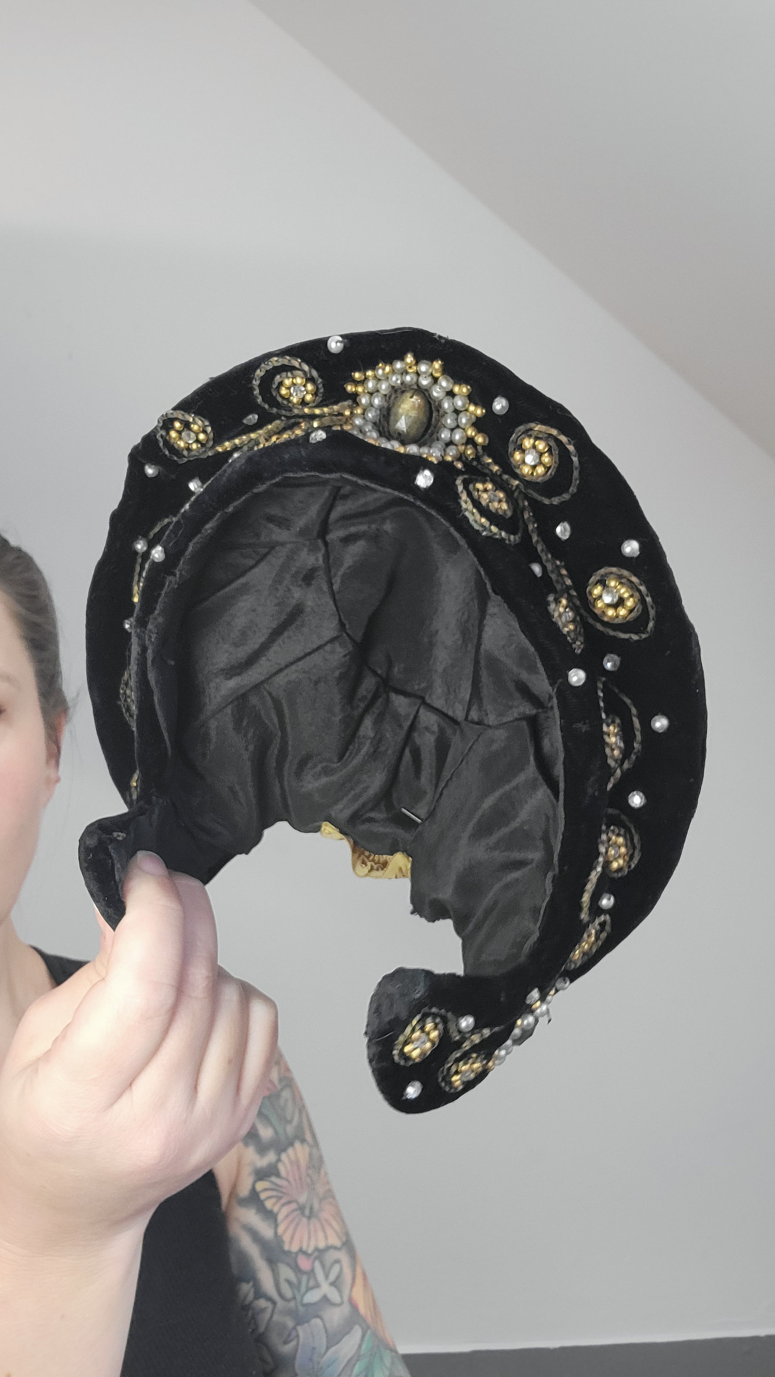 Vintage 1950s Black Velvet Crown Hat Beaded Jeweled Details Paris ...