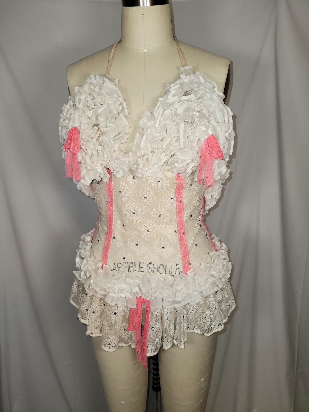 Vintage Showgirl Burlesque Costume White Lace and Ruffle Pink Ribbon ...