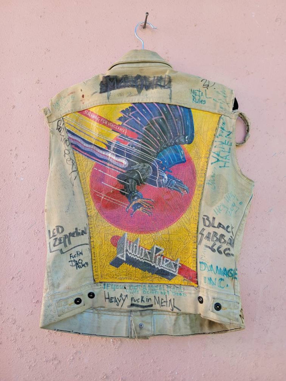 Original Vintage 1980s Metal Punk Vest Handpainted Judas Priest Denim ...