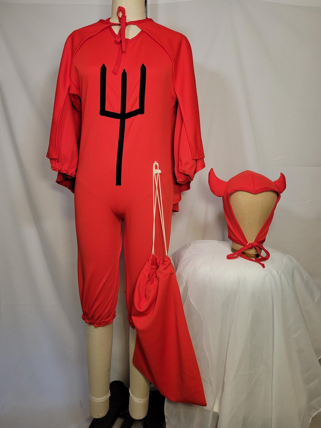 Vintage Devil Costume Red Jumpsuit With Tail Cape Devil Horn Headpiece ...