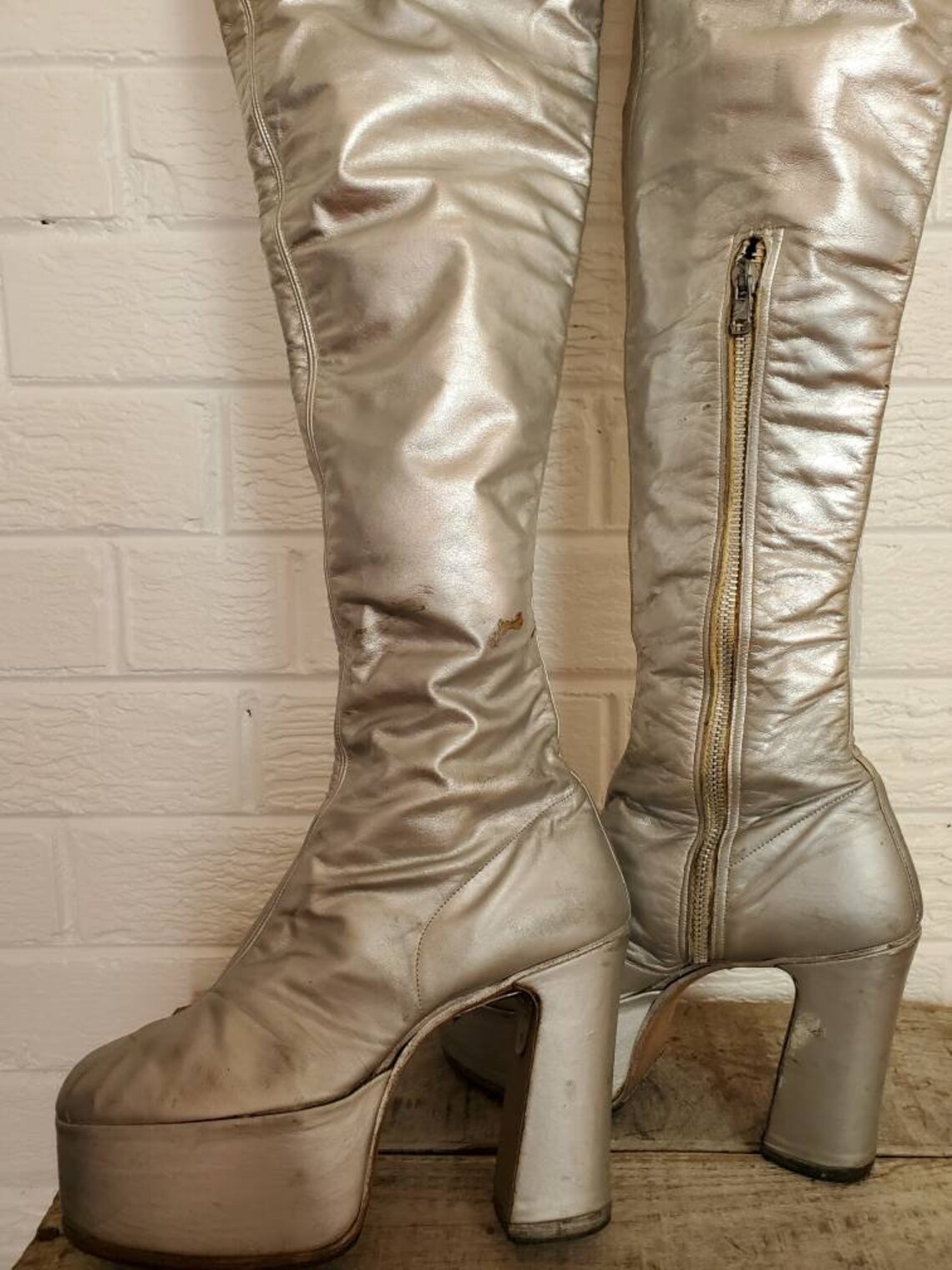 Vintage 1970s Platform Boots • Over the Knee Silver Boots • Rockabye ...