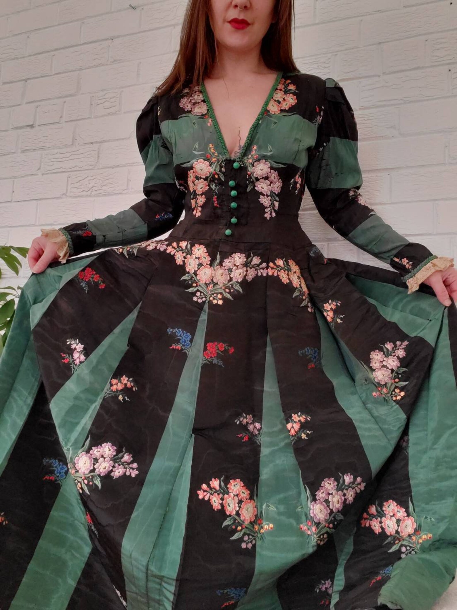 Antique Vintage Moire Silk Taffeta Gown Floral Embroidery - Etsy