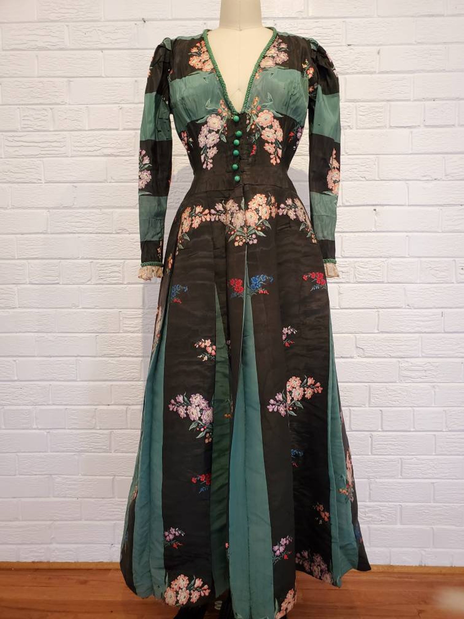 Antique Vintage Moire Silk Taffeta Gown Floral Embroidery - Etsy