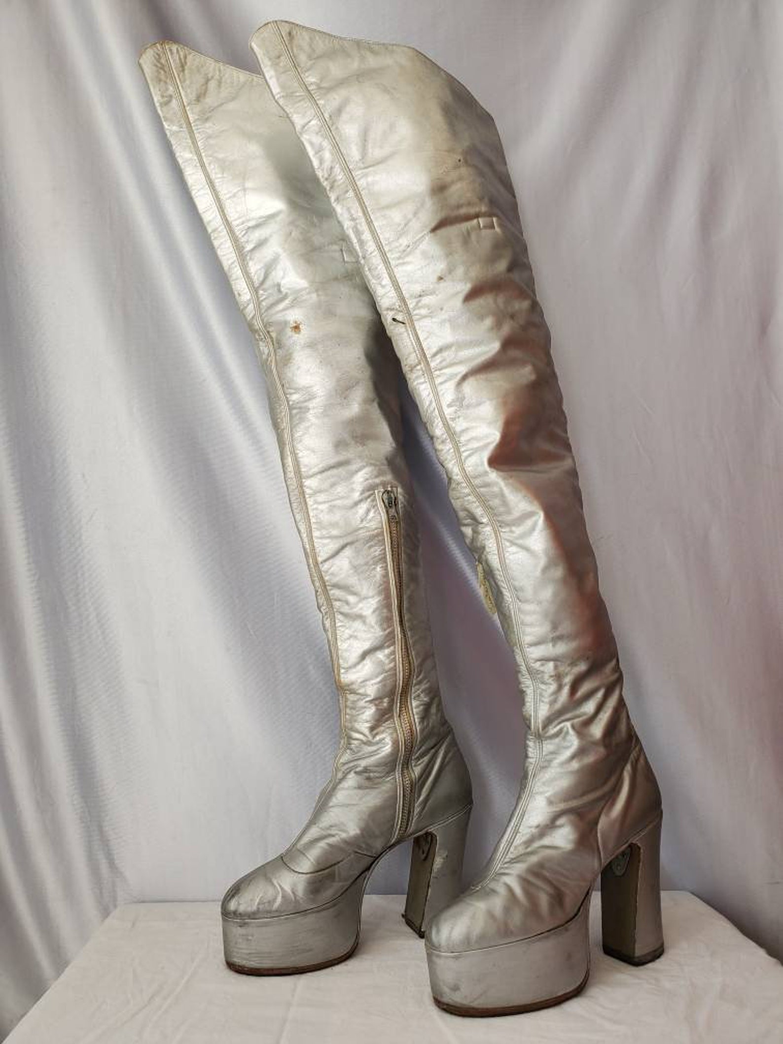 Vintage 1970s Platform Boots • Over the Knee Silver Boots • Rockabye ...