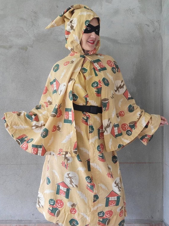 Vintage Halloween Costume Novelty Print Dress and Cap… - Gem