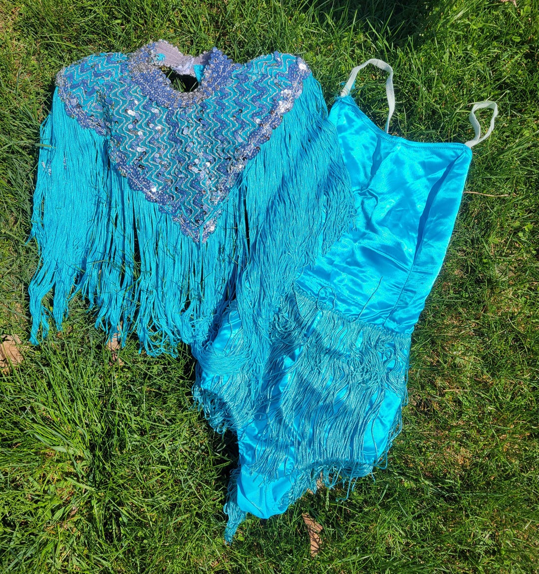 Vintage Turquoise Dance Costume Fringe Leotard and Sequin Fringe Cape ...