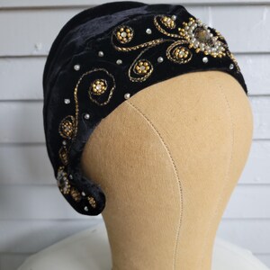 Vintage 1950s Black Velvet Crown Hat Beaded Jeweled Details Paris ...