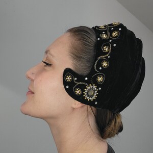 Vintage 1950s Black Velvet Crown Hat Beaded Jeweled Details Paris ...
