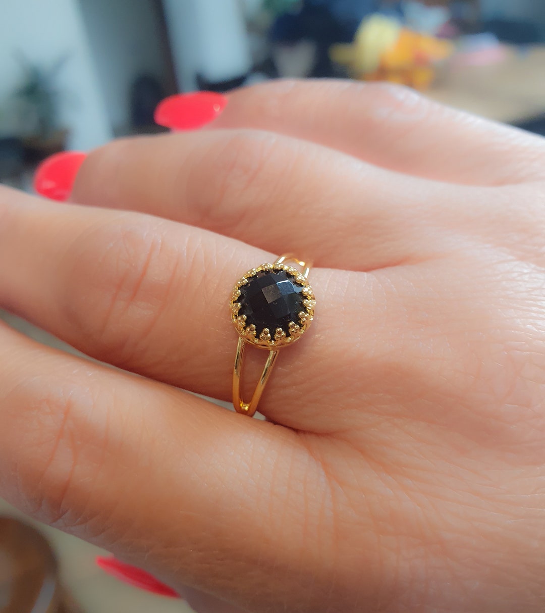 Onyx Ring, Natural Onyx Ring, 8mm Onyx Gemstone Ring, Gold Filled Onyx ...