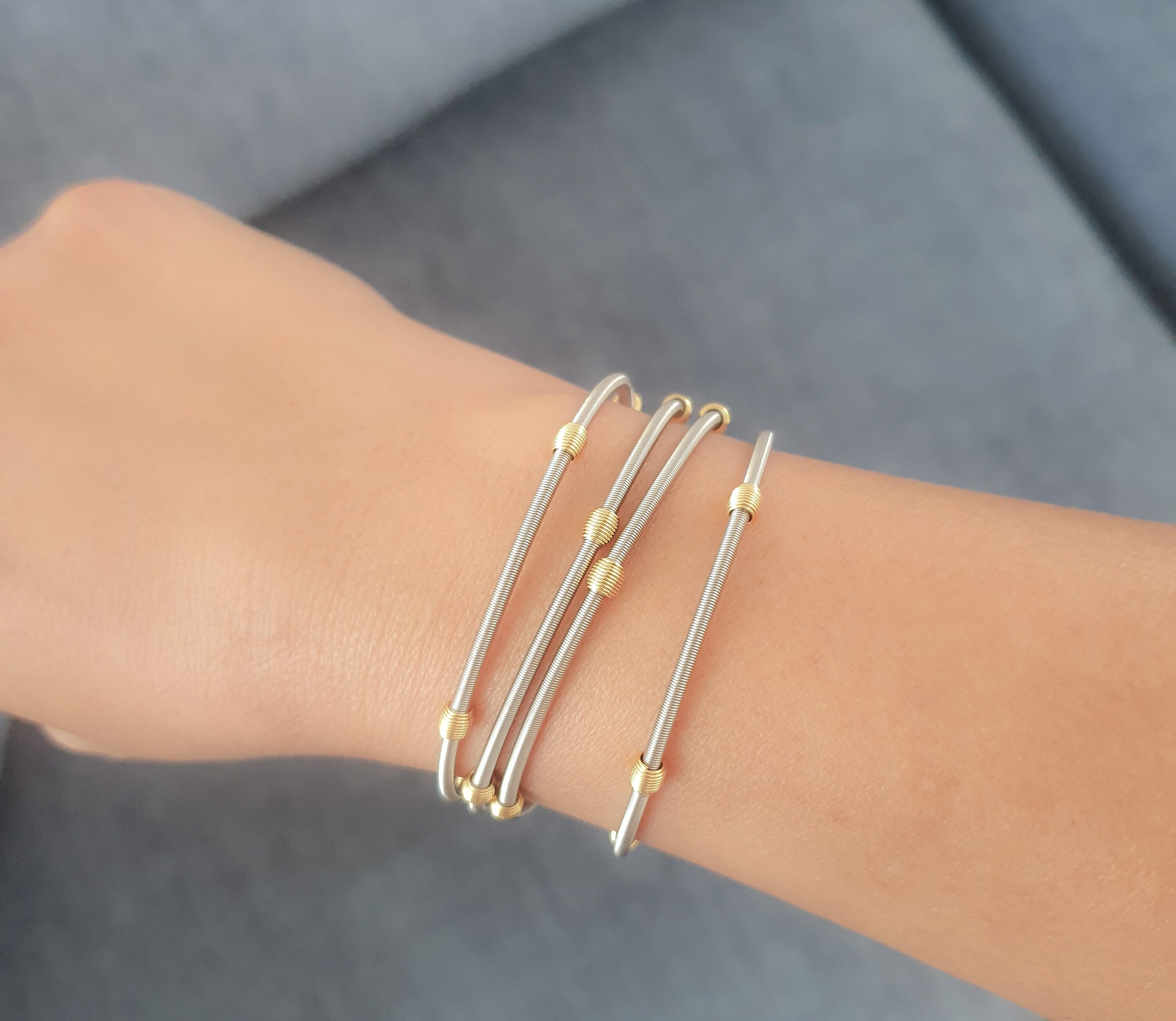 Flexible Set 4 Wire Beaded Stainless Steel Spring Bracelets,beaded ...