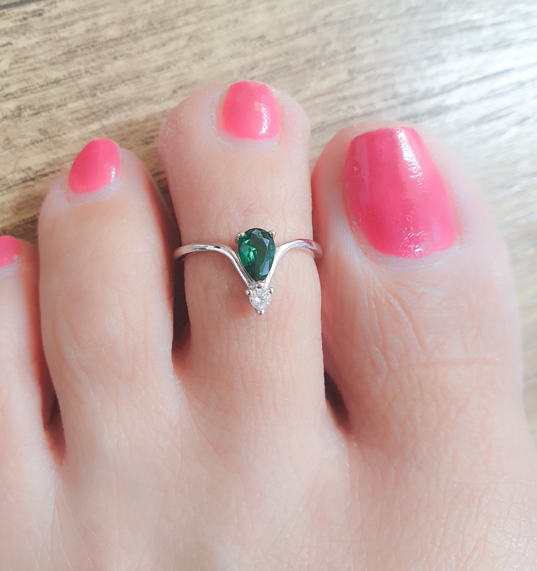 Toe Ring Adjustable Sterling Silver 925 Tiny Emerald CZ Diamond Toe ...
